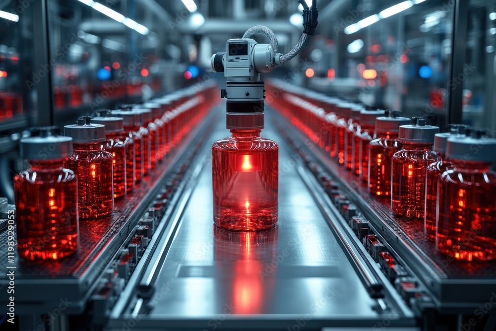 Robotic arm fills red liquid bottles in a modern manufacturing facility ...