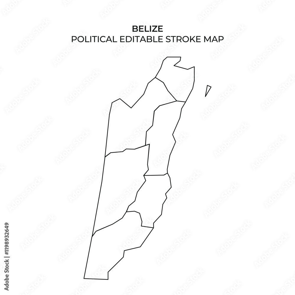 Editable political map outline of Belize detailing regions and borders ...