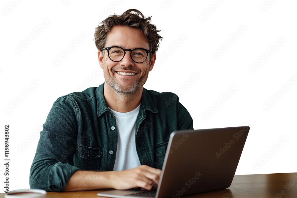 Smilling man with laptop isolated on white Stock Illustration | Adobe Stock