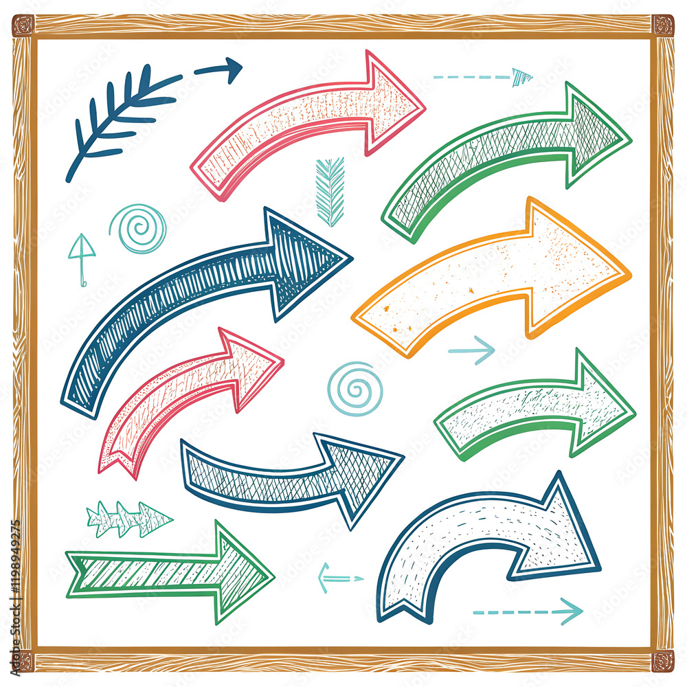 Hand drawn curved doodle chalk arrows collection black and white ...