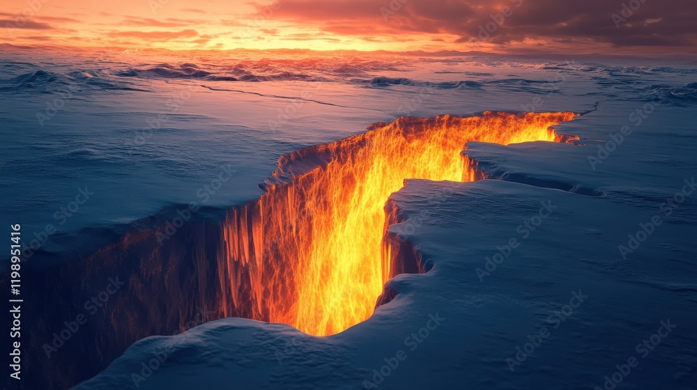 Glowing chasm in a frozen digital landscape ai generated. Crevasse ...