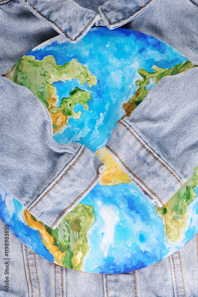 Sleeves of a denim jacket embracing of the planet on a blue background ...