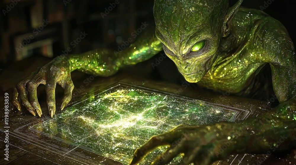 Glowing Green Alien Examining Futuristic Interactive Map Interface ...