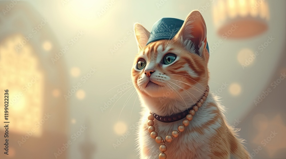 Islamic cat wearing a traditional cap and prayer bead necklace. Pastel ...