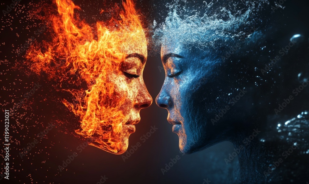 A visual metaphor of two human faces, one fiery and the other watery ...