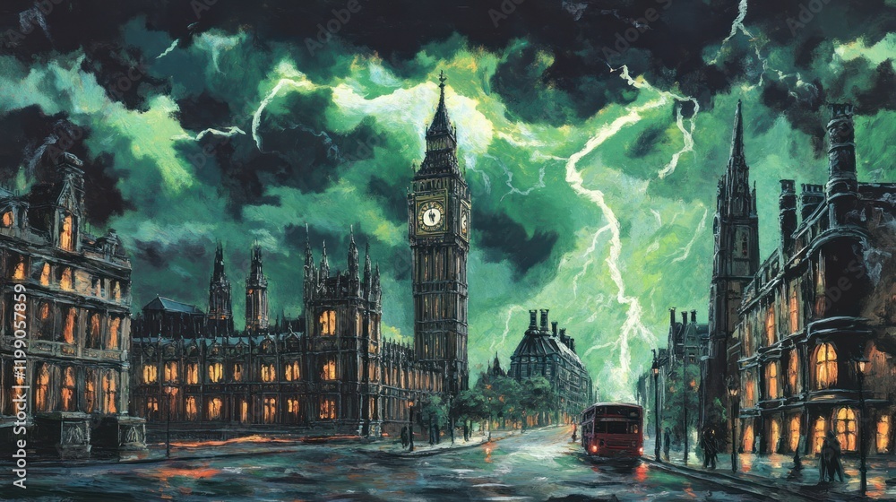 London cityscape during a dramatic thunderstorm, with lightning ...