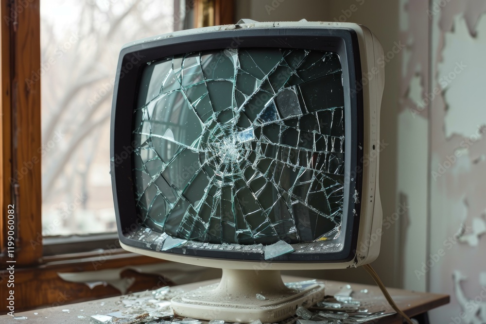 Old beige computer monitor with shattered screen in abandoned room near window Stock Photo ...
