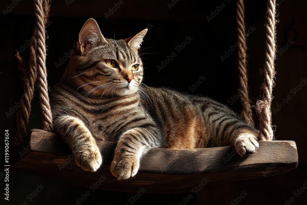 Detailed DSLR photo of unique American Shorthair cat on porch swing ...