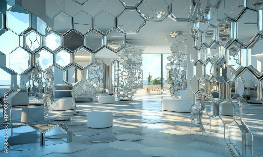Hexagonal mirrors creating a 3D effect in a luxurious interior ...