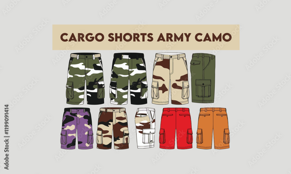Modern Vector illustration of cargo shorts, Modern Short pants outlines ...
