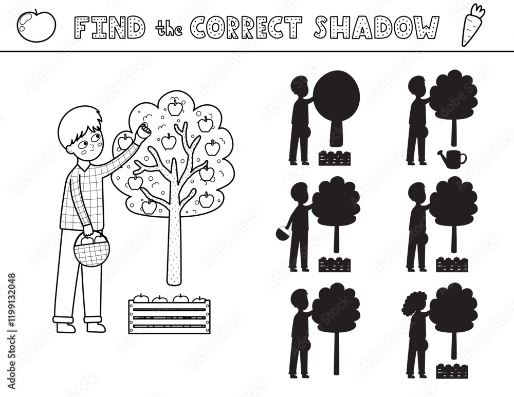 Find the correct shadow activity page for kids with a cute boy picking ...