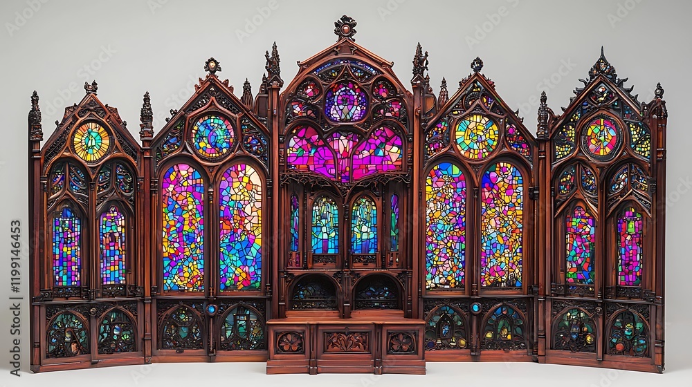 Gothic Revival Altar Screen, Intricate Woodcarving, Stained Glass ...