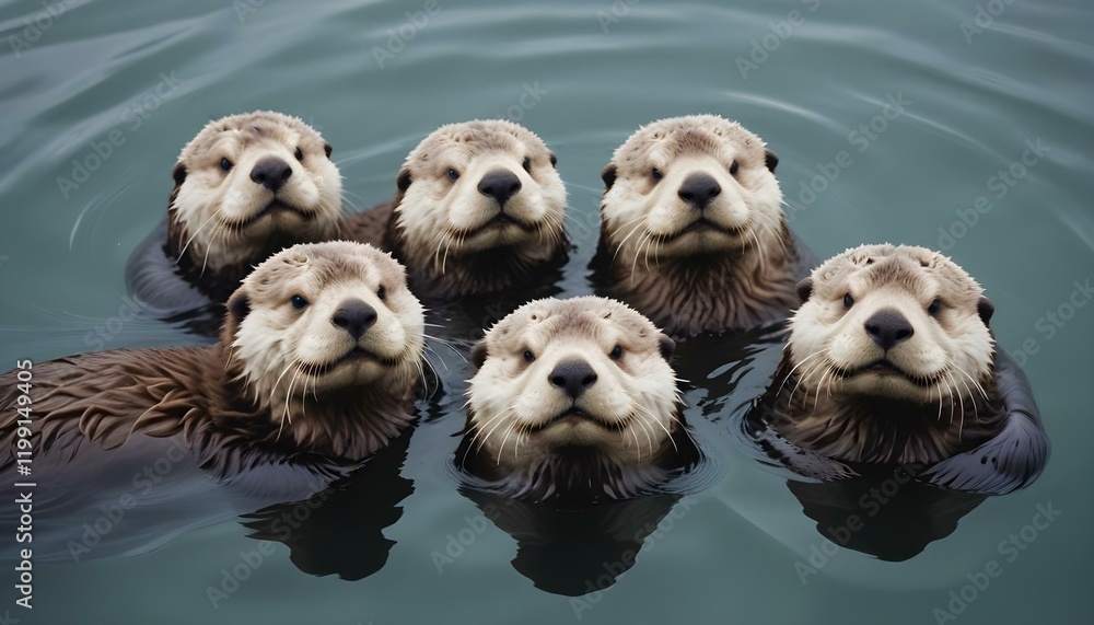 Cuatro nutrias marinas flotando en el agua, con sus lindas caras y ...