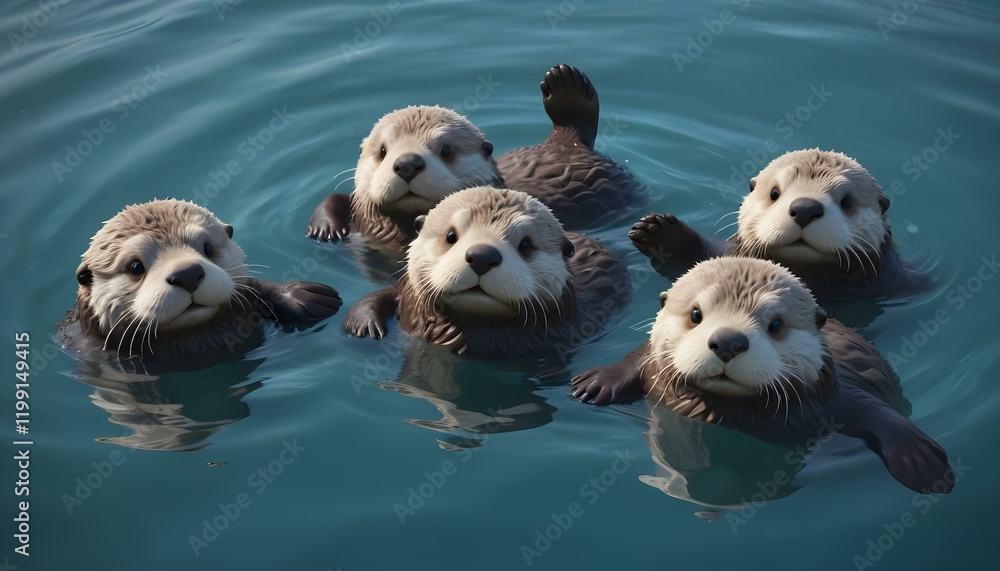 Cuatro nutrias marinas flotando en el agua, con sus lindas caras y ...