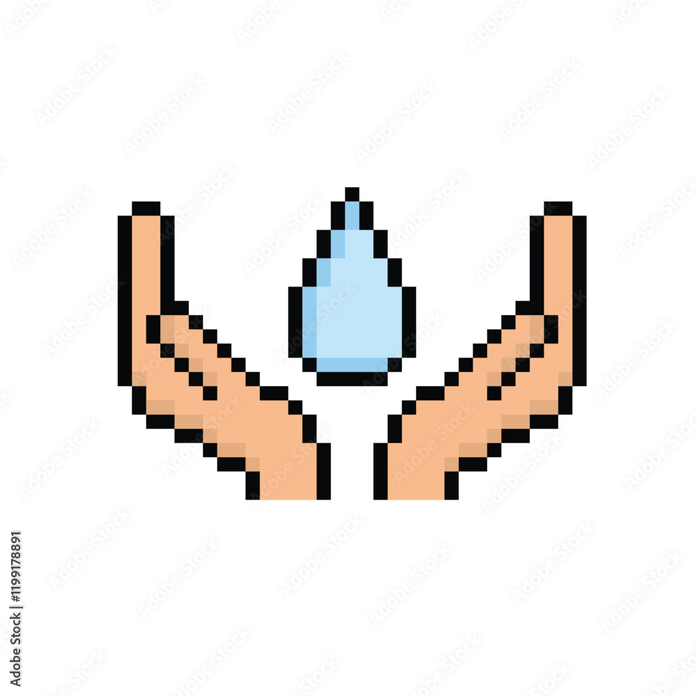pixel hand holding water drop icon. Vector pixel art water care 8 bit ...