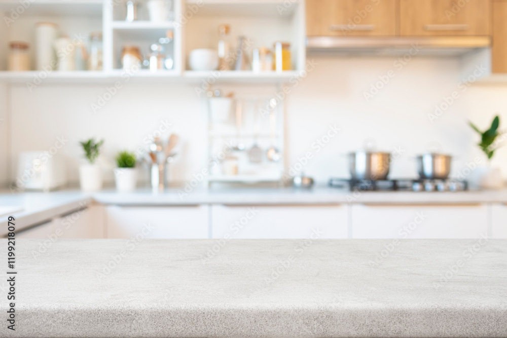 Gray kitchen table top for product display on blurred interior ...