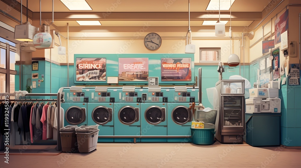 Ilustración de Stock Fully Equipped Self Service Laundry Shop with ...