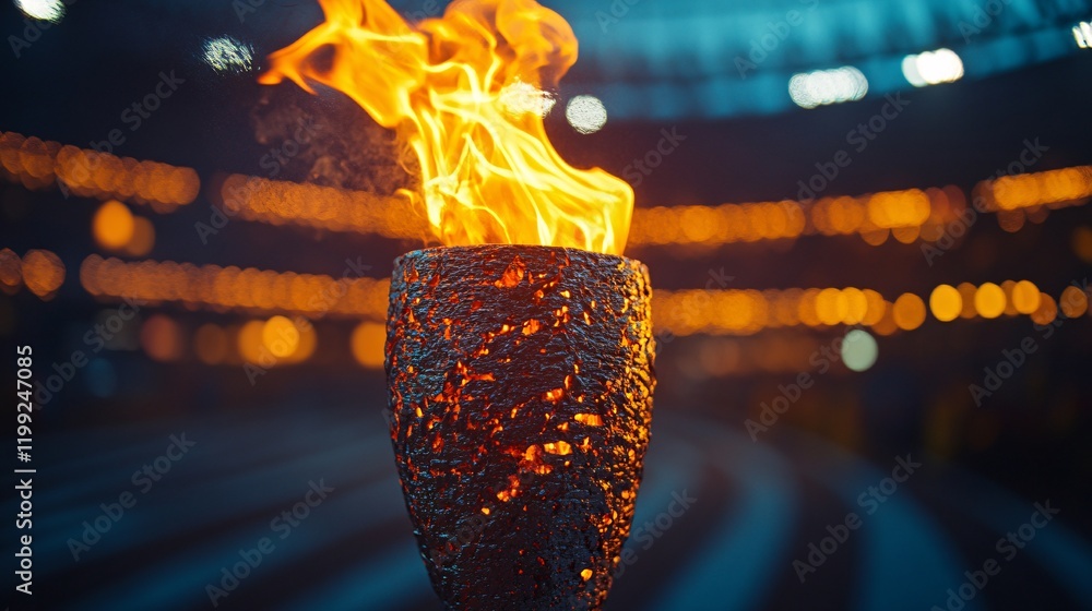 Flame burning brightly in an Olympic torch, with a soft-focused sports ...