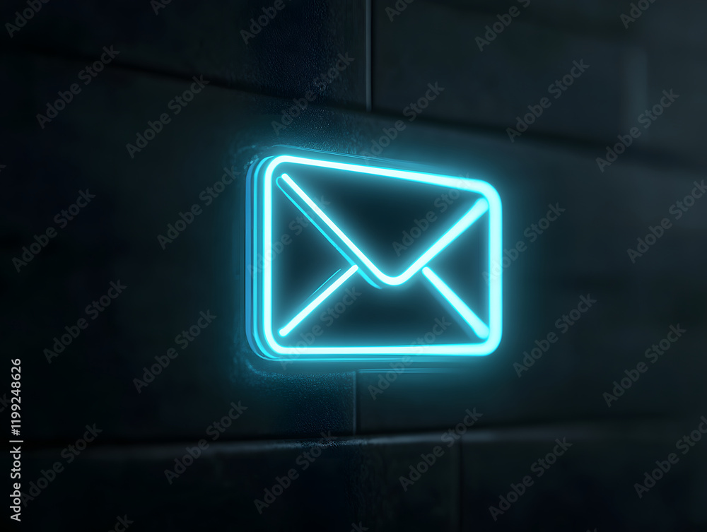 glowing neon mail icon on dark wall, symbolizing digital communication ...