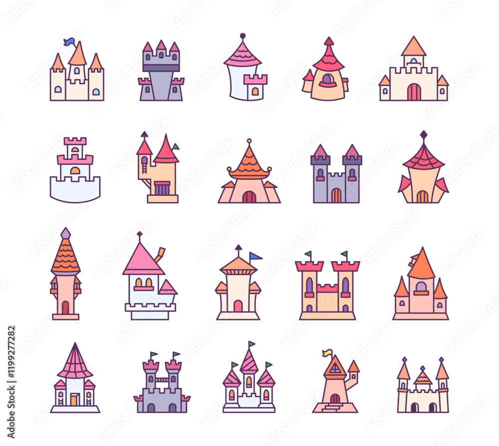 Fortress set of outline illustrations, medieval castles with towers ...