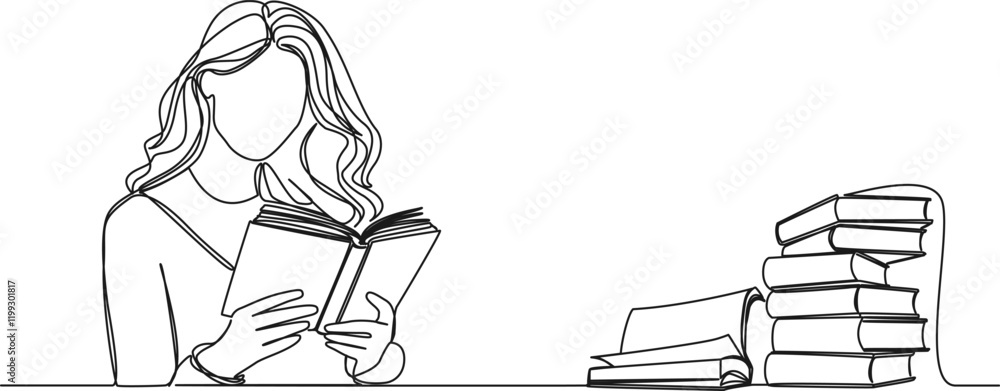 continuous line drawing of woman reading a novel next to stack of books ...
