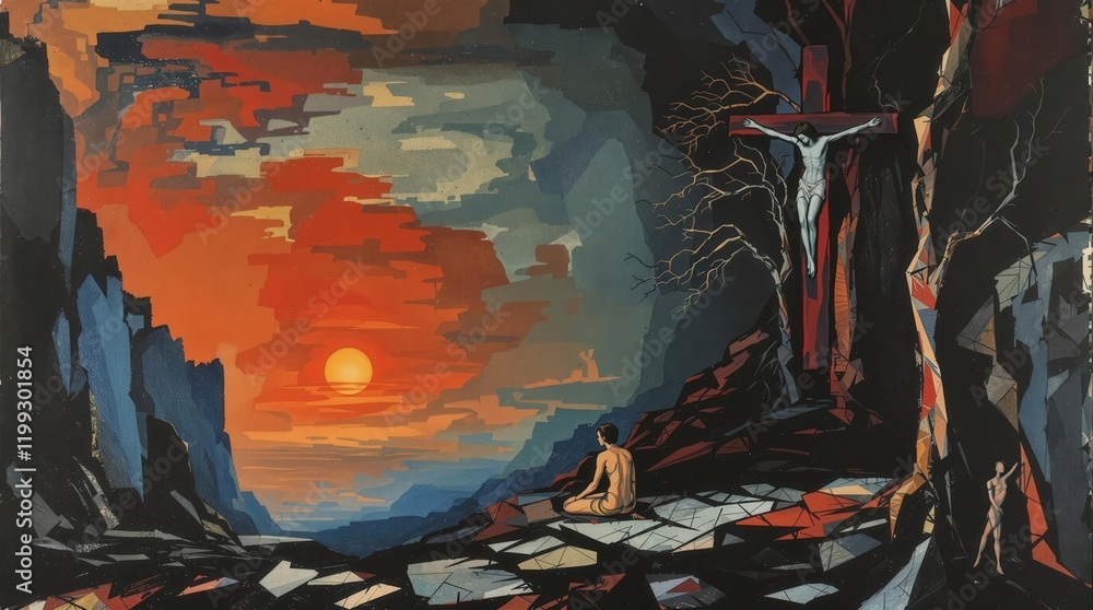 Abstract cubist painting depicting a crucifixion scene with vibrant ...