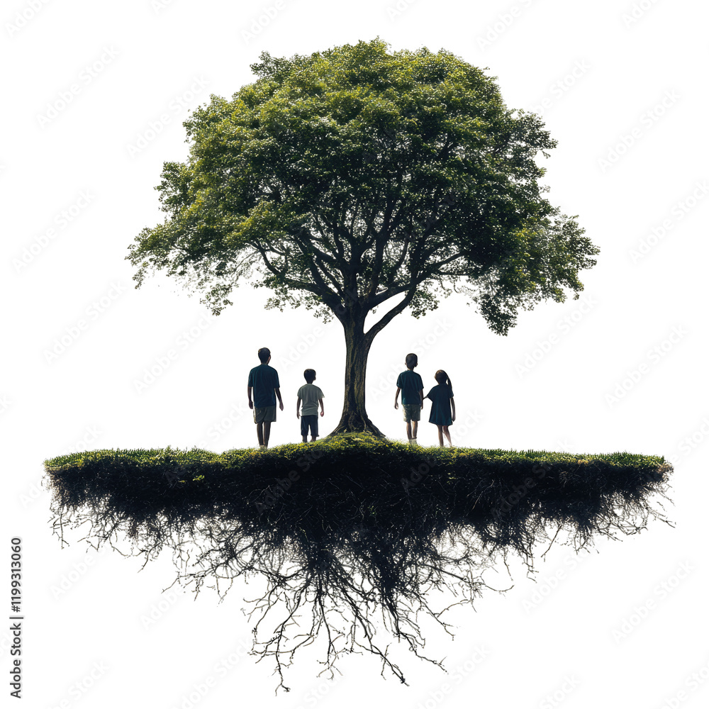 Children observing a large tree with roots on a floating island under a ...