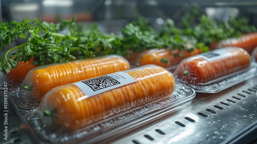 Vacuum-sealed vegetable with a QR code label on a metallic surface ...
