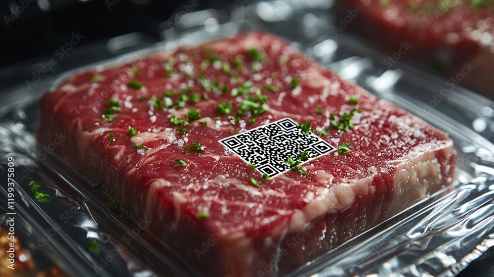 Raw steak with a QR code label in vacuum-sealed packaging, symbolizing ...