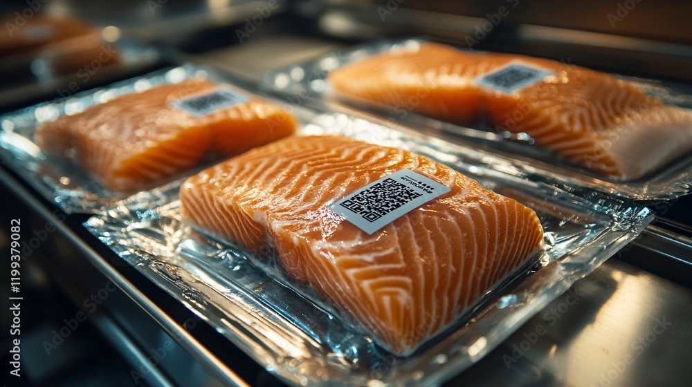 Fresh fish with QR code label in vacuum-sealed packaging on a metallic ...