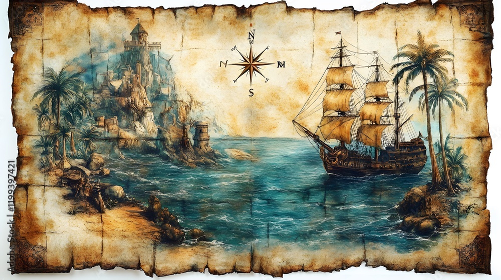 Vintage treasure map painted in watercolor shows burned edges, dotted ...