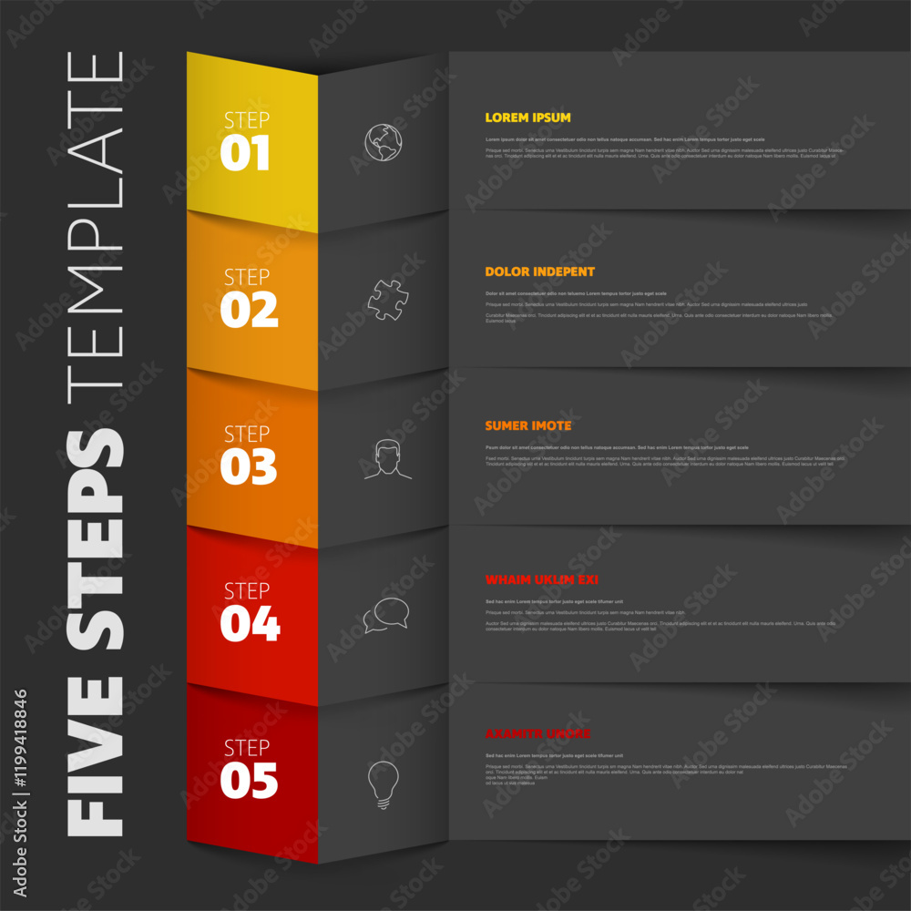 Five dark steps progress process infographic layout template with big ...