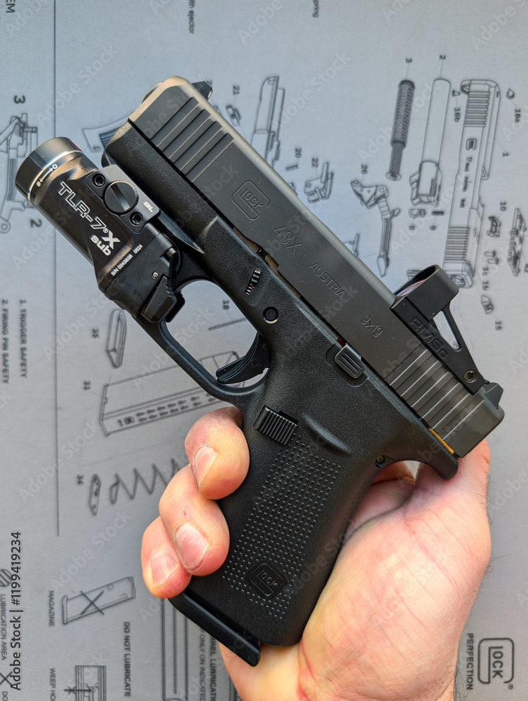 Baltics January 16, 2025. Modern Glock 43x pistol with collimator sight ...