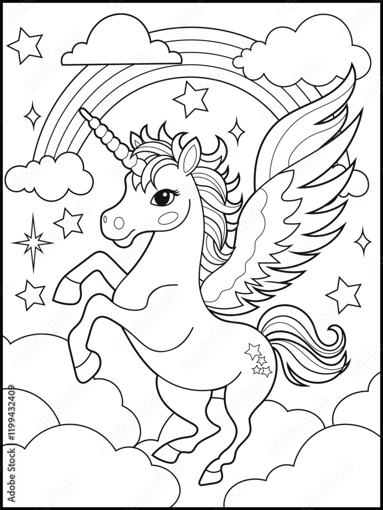 Illustration of a cute unicorn cartoon character. Black and white ...