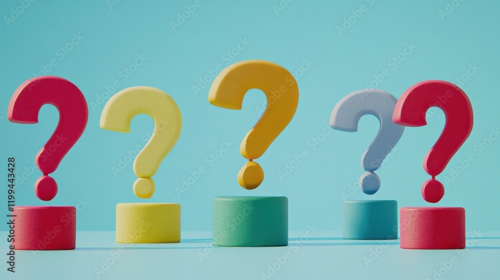 Colorful question marks on pedestals against a bright blue background ...