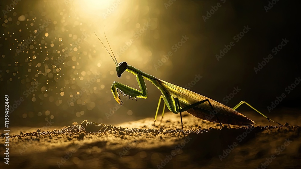 Praying mantis standing on soil with sunlight highlighting its body ...