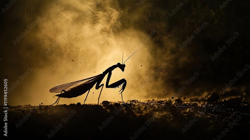 Praying mantis standing on soil with sunlight highlighting its body ...