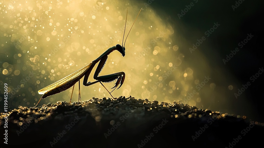 Praying mantis standing on soil with sunlight highlighting its body ...