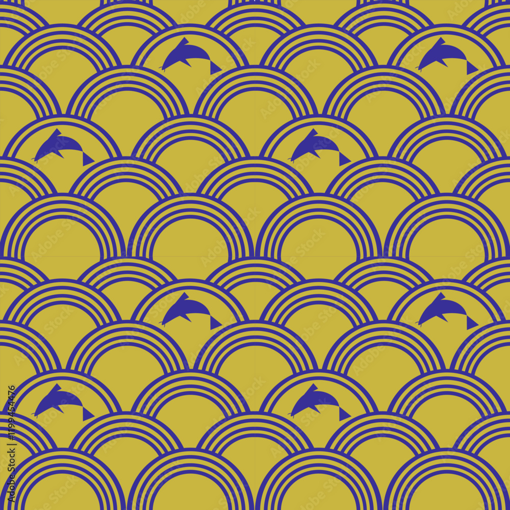 Endless Golden and blue waves with Dragon fish seamless pattern. Asian ...