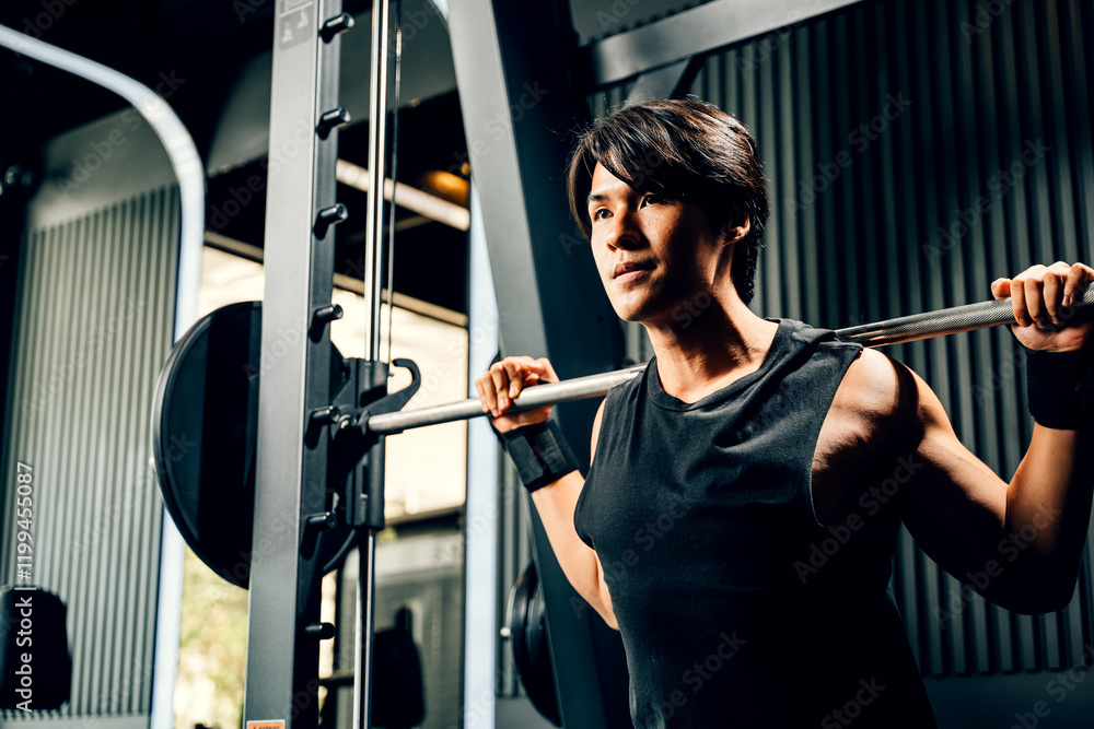 Asian muscular man guy performing a squat exercise legs heavy weights ...