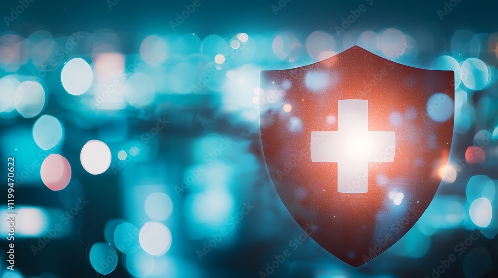 City night, health protection, safety shield, glowing cross, medical ...