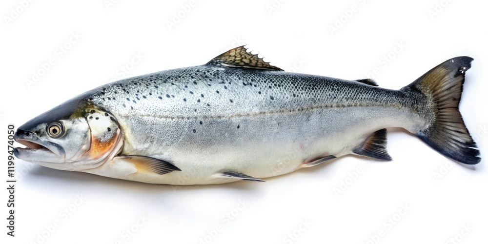 A lone salmon lies on a white background, its scales glistening in the ...