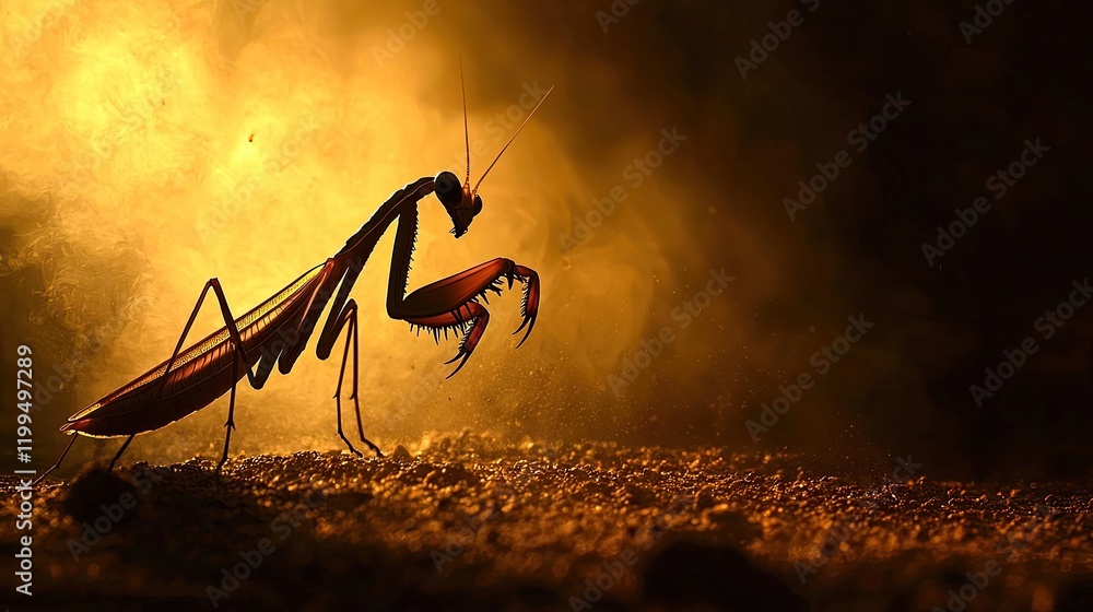 Praying mantis standing on soil with sunlight highlighting its body ...