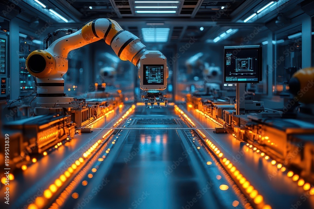 futuristic aerospace lab with robotic assembly arms, holographic ...