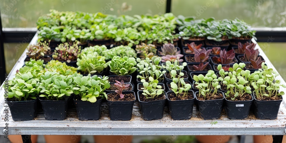Seedlings in small pots arranged in a greenhouse, showing early stages ...