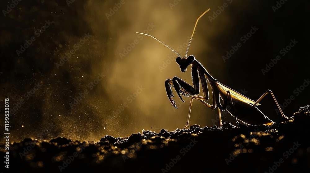 Praying mantis standing on soil with sunlight highlighting its body ...