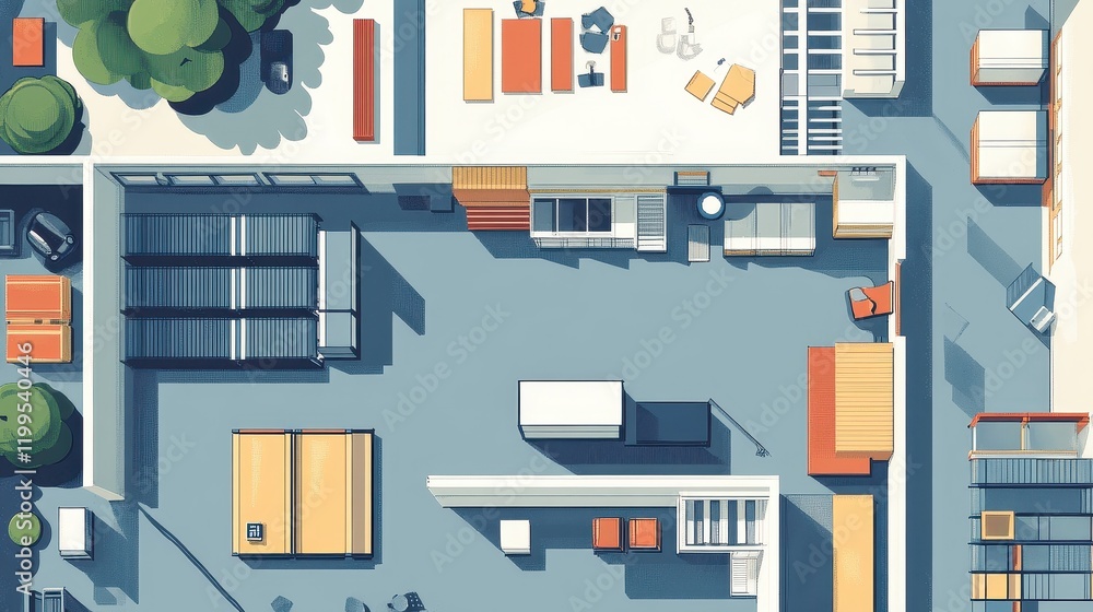 Supply chain logistics flat design top view modern warehouse cartoon ...