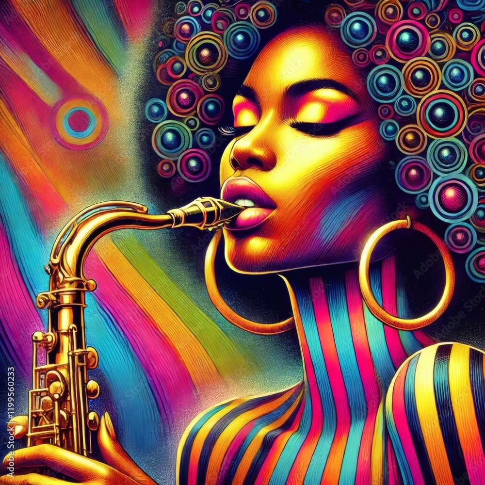 African woman playing saxophone music disco 70s ethnic retro funk ...