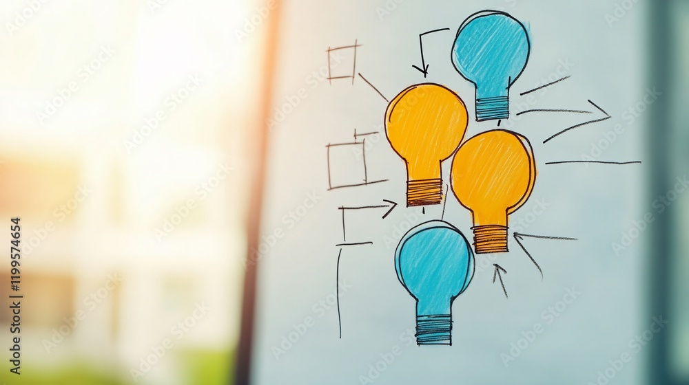 Brainstorming Session: A whiteboard sketch depicting interconnected light bulbs in blue and ...