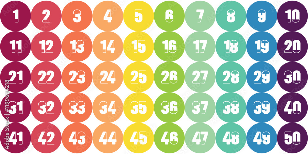 Number Chart 1-50 squares, kids full color circles, gray, icons, logos ...